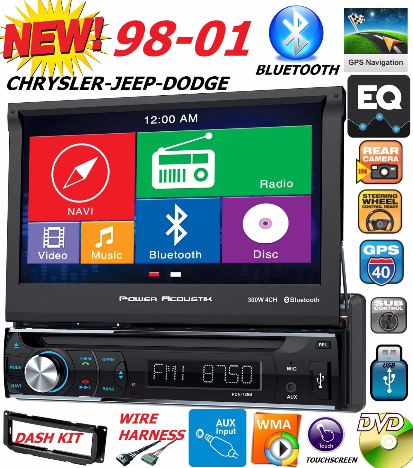 98 99 00 01 CHRYSLER JEEP DODGE 7" NAVIGATION CD DVD BLUETOOTH CAR ...