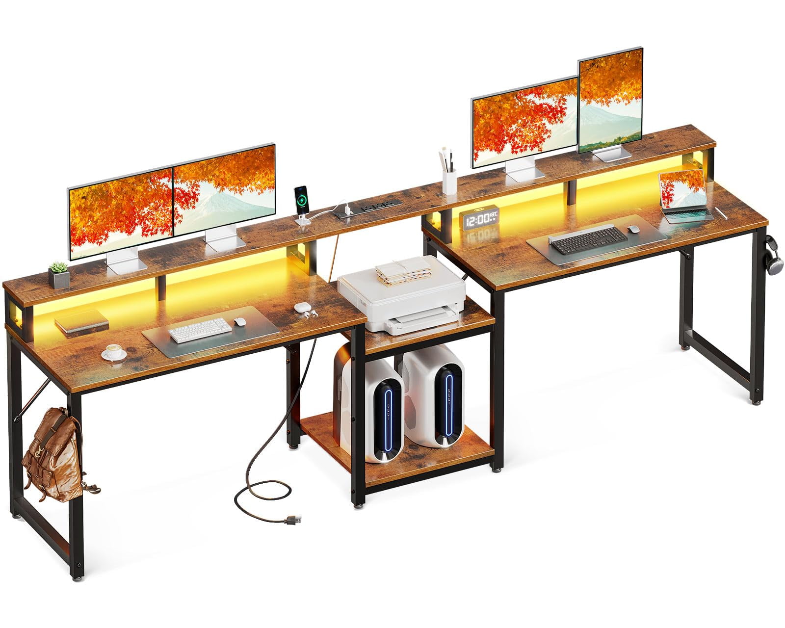 98 Inch Two Person Computer Desk with Storage Shelves, Long Double ...