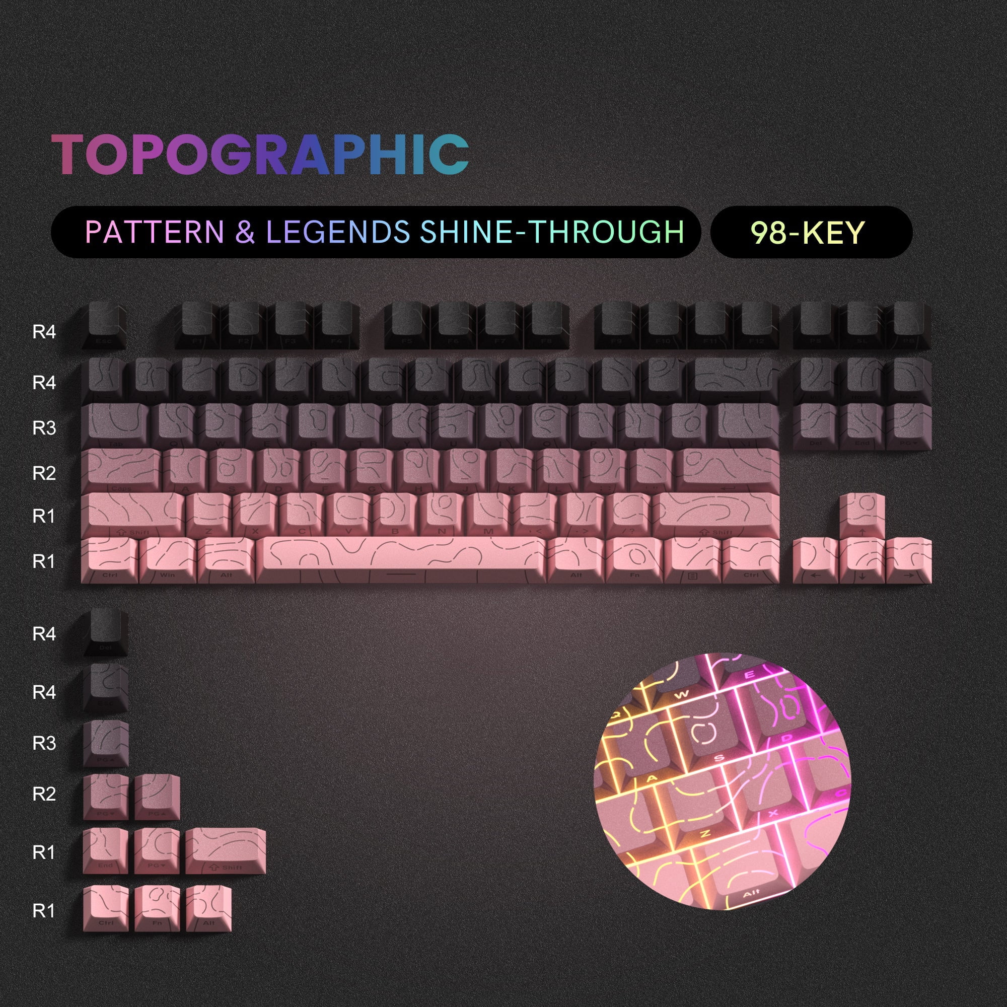 98 Key White Topographic 4.0 PBT Keycaps Double Shot Side Print Shine ...