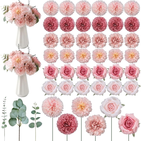 98 Pcs Assorted Faux Flowers Heads with Stem Eucalyptus Leaves Silk ...