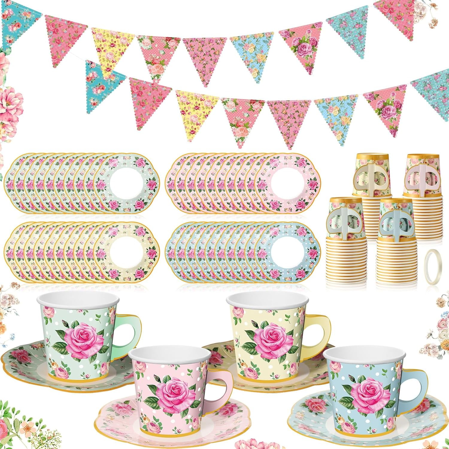 98 Pcs Tea Party Decorations 26 Ft Floral Paper Bunting 6.5 Oz Floral Paper Coffee Cups with ...
