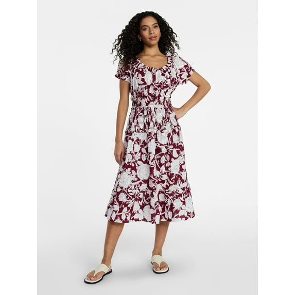 Time and Tru Women's Smocked Cotton Peasant Dress with Short Sleeves ...