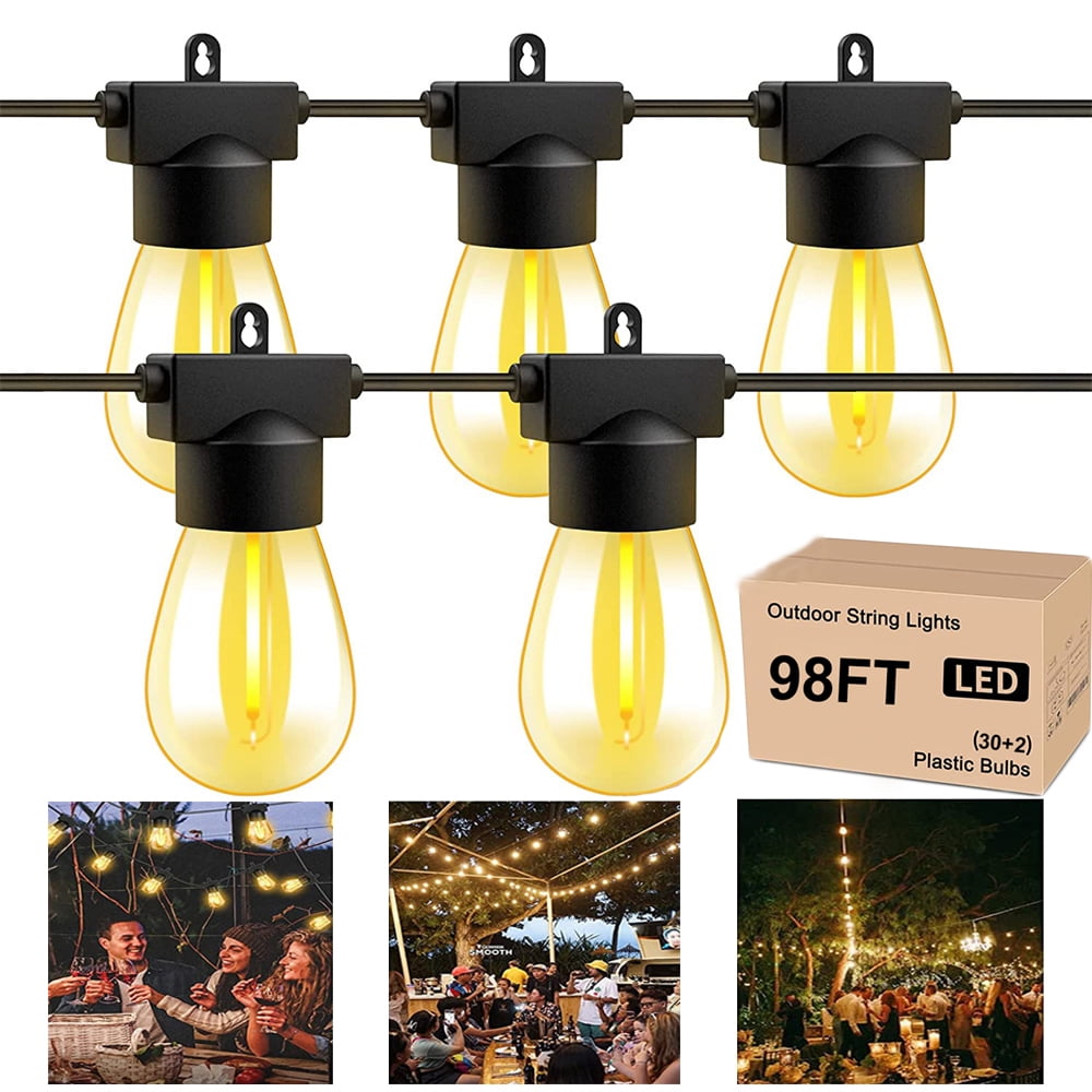98FT LED Outdoor String Light, with （30+2） Edison Shatterproof Bulbs ...