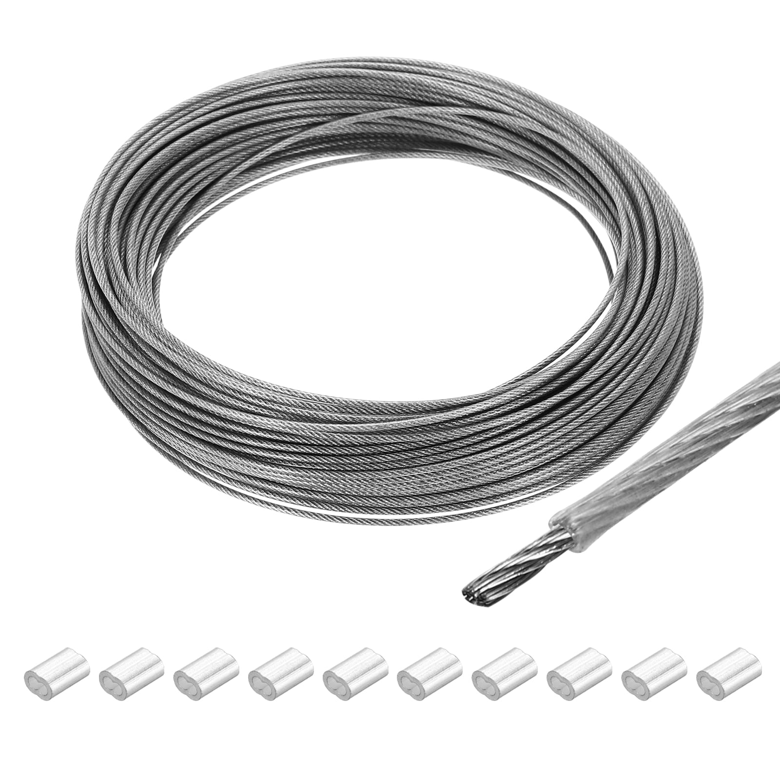 98Ft Wire Rope 304 Stainless Steel Cable 0.06" Vinyl Coated with 10pcs Aluminum Sleeves Clear ...