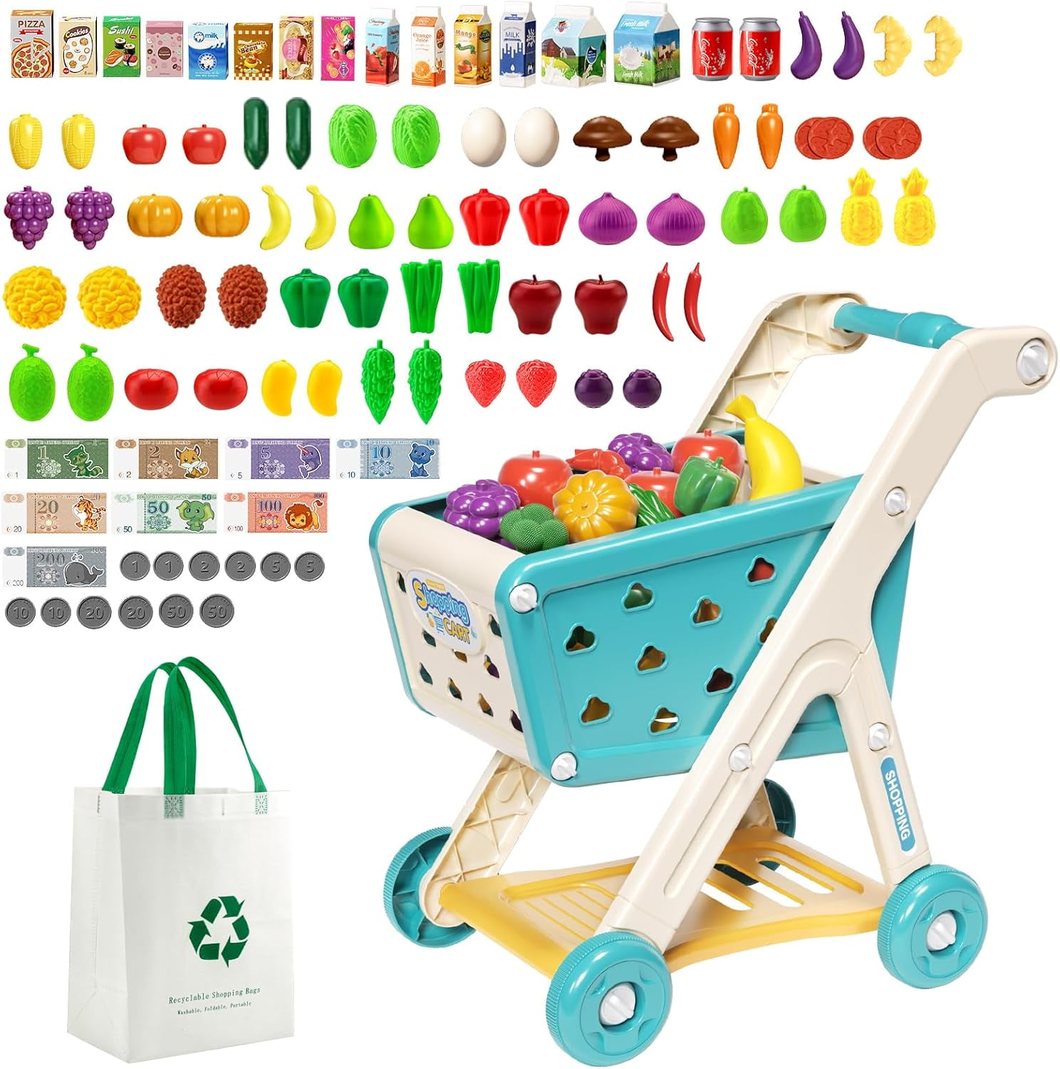 98PS Children's Shopping Cart Cart Play Set with Renovation Food and ...