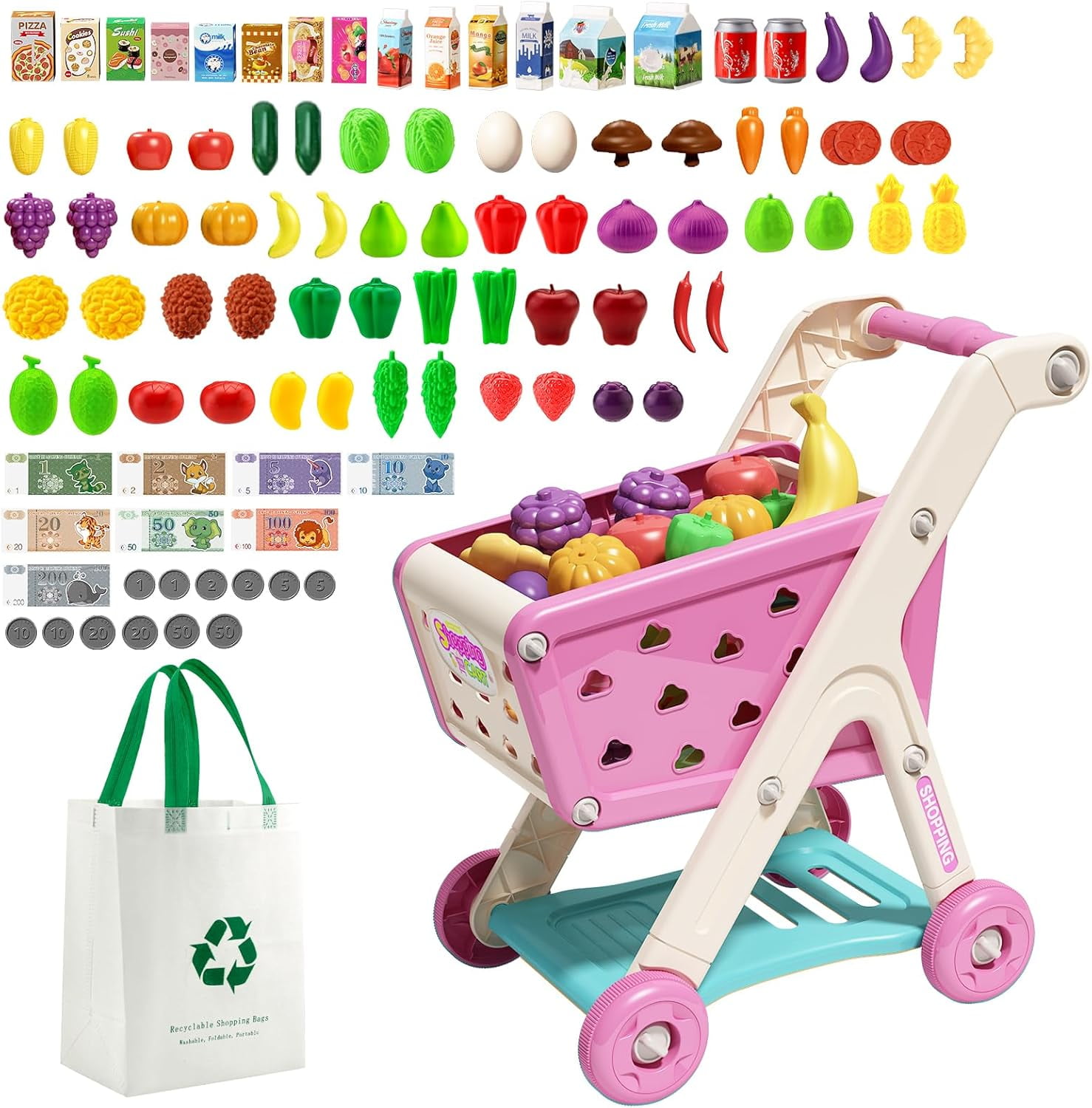 98pcs Kids Shopping Cart Trolley Play Set with Pretend Food and ...