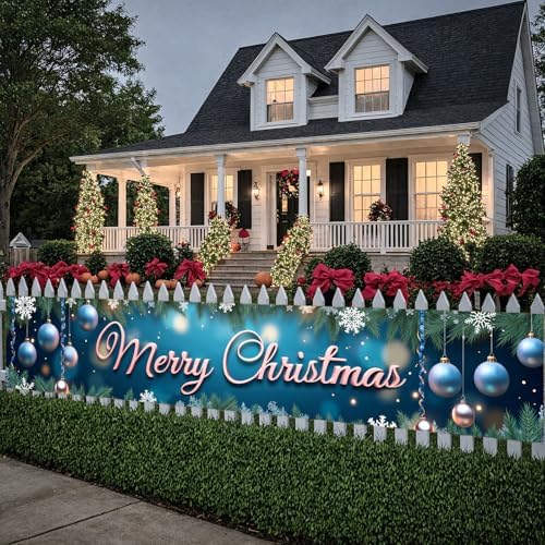 98x18inch Merry Christmas Banner – Blue Green Large Outdoor Xmas Tree ...