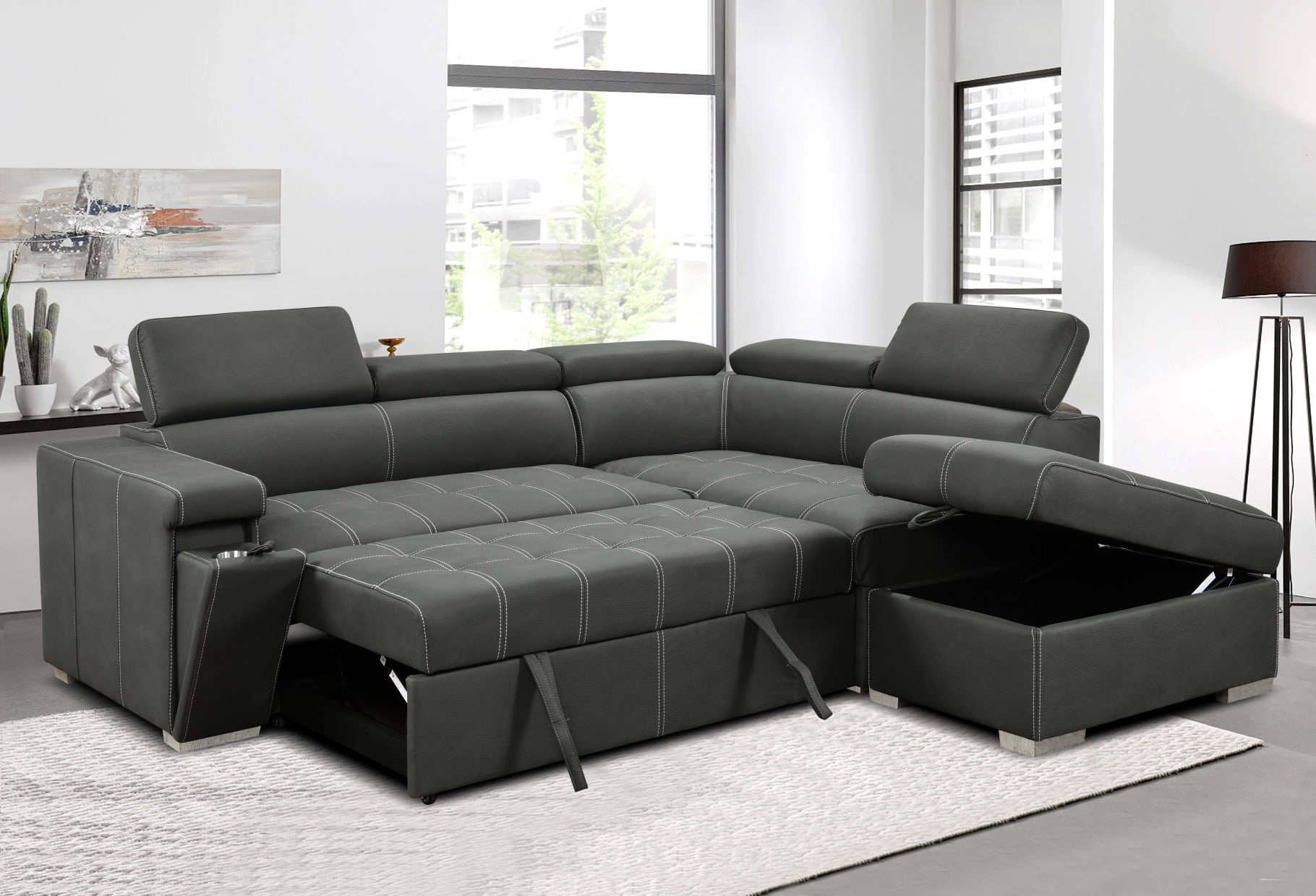 99.5" Large Convertible Sofa Bed, Modern L-Shaped Sofa Couch with Pull ...