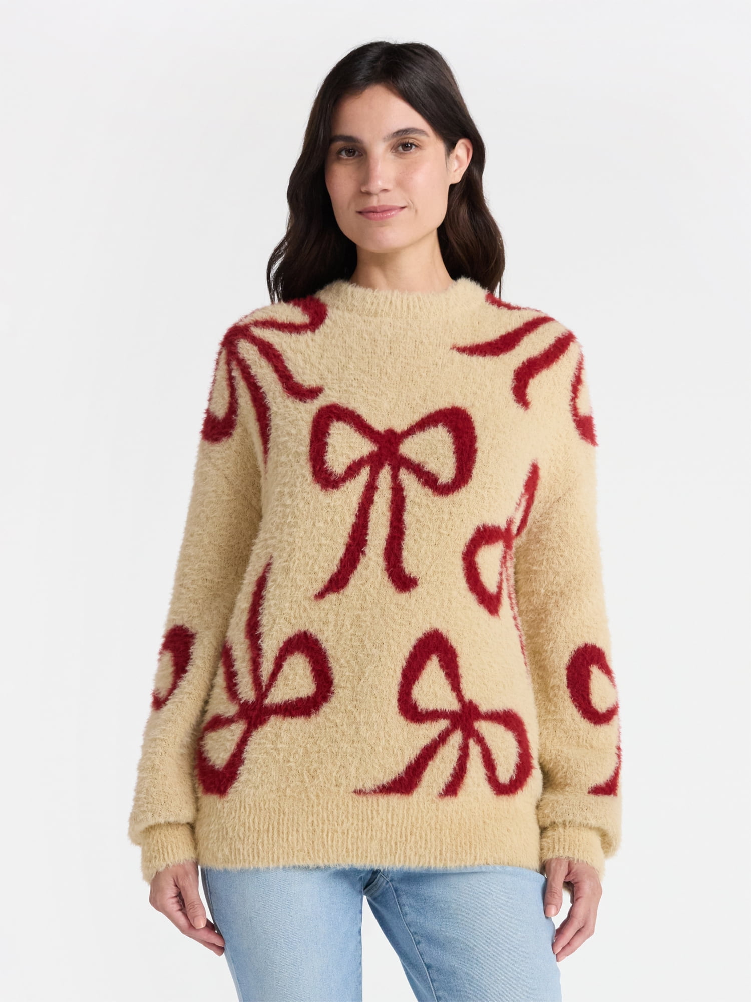 99 Jane Street Women's and Women's Plus Bow Print Pullover Sweater ...