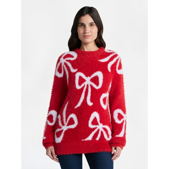 99 Jane Street Women's and Women's Plus Bow Print Pullover Sweater ...