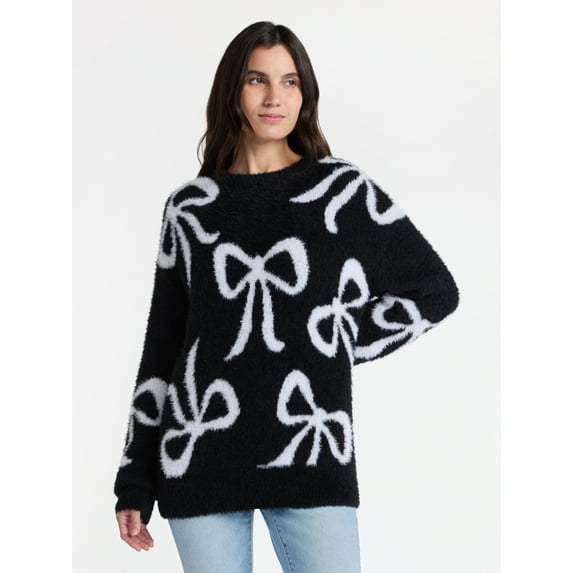 99 Jane Street Women's and Women's Plus Bow Print Pullover Sweater ...