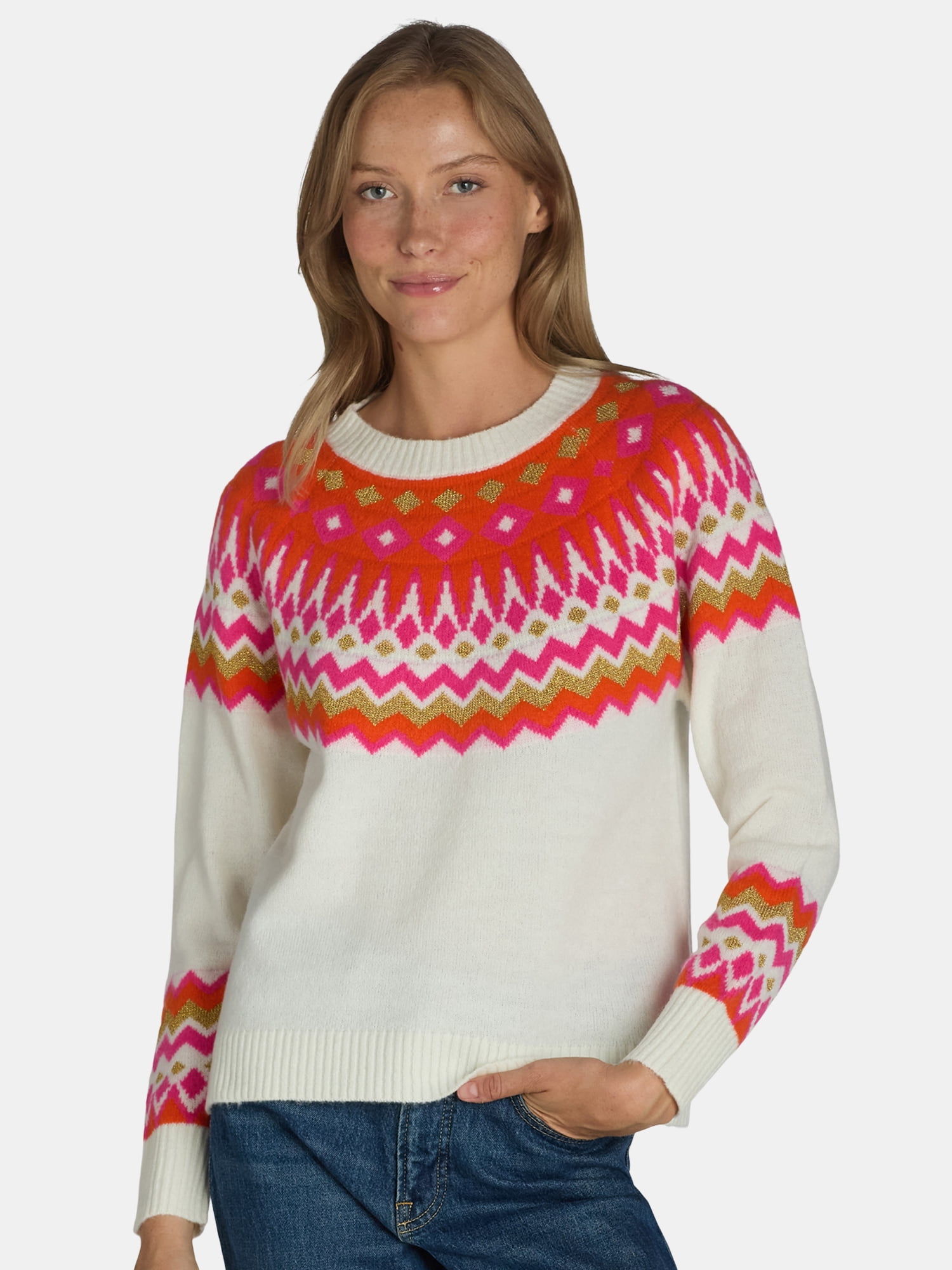 99 Jane Street Women's Fair Isle Crewneck Sweater with Long Sleeves ...