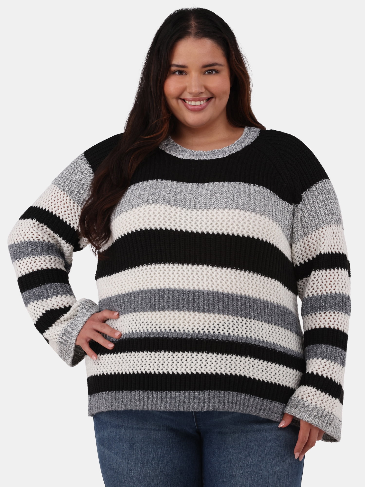 99 Jane Street Women's Plus Textured Striped Raglan Sweater, Midweight ...