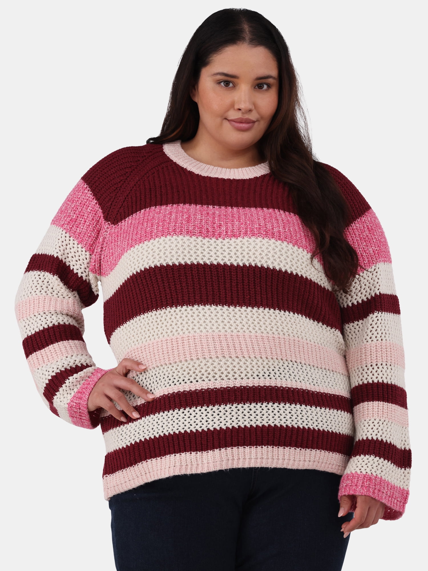 99 Jane Street Women's Plus Textured Striped Raglan Sweater, Midweight ...