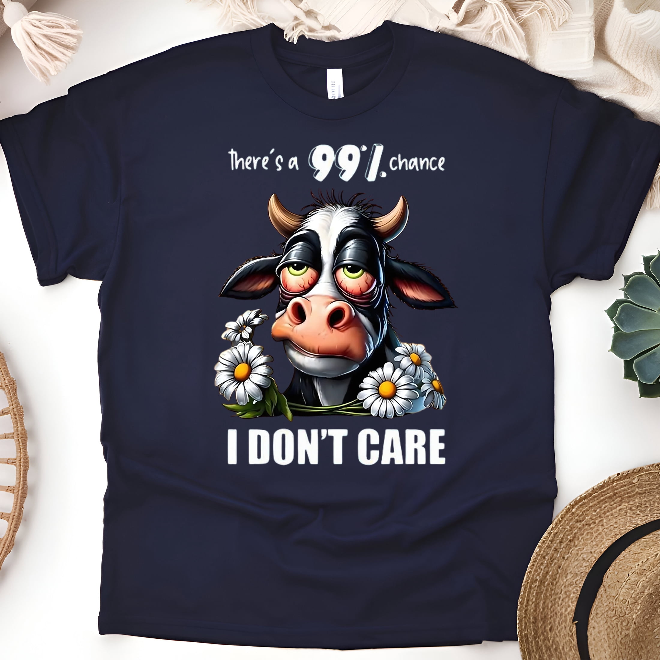 99 Percent Chance I Don’t Care Cow Cartoon Graphic Tee for Men and ...