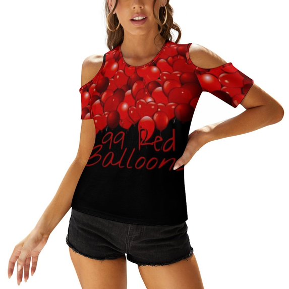 99 Red Balloons Art Print O-Neck Off-The-Shoulder Top Short-Sleeved T ...