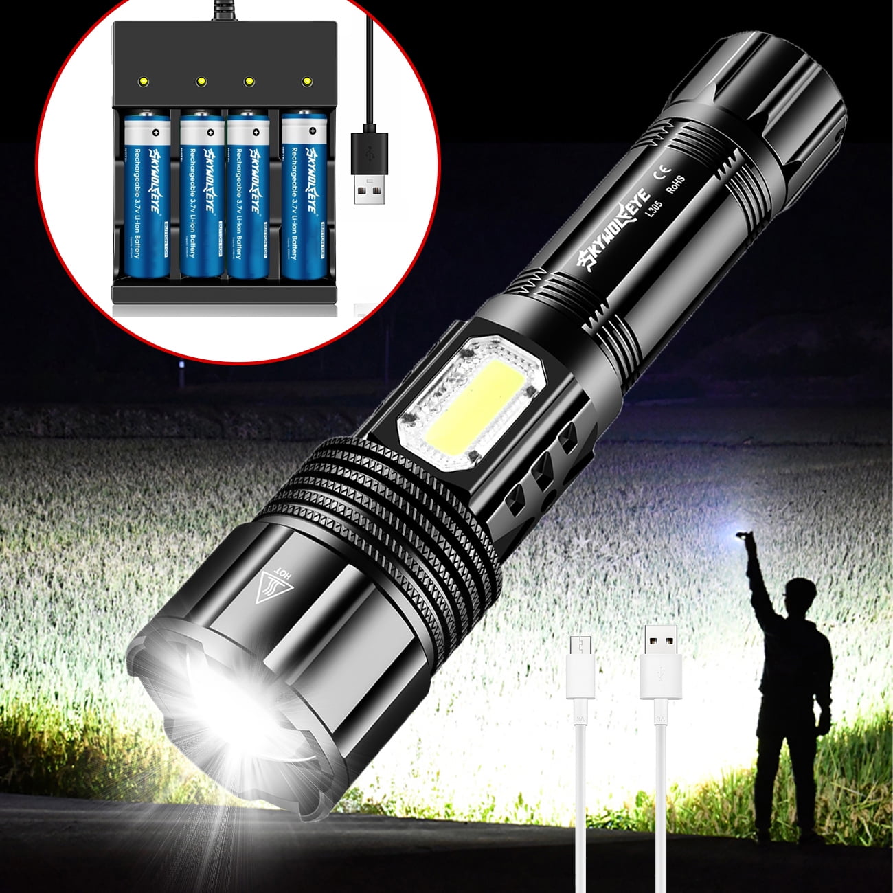 990000LM Super Bright LED Flashlight Rechargeable USB XHP50 COB Working ...