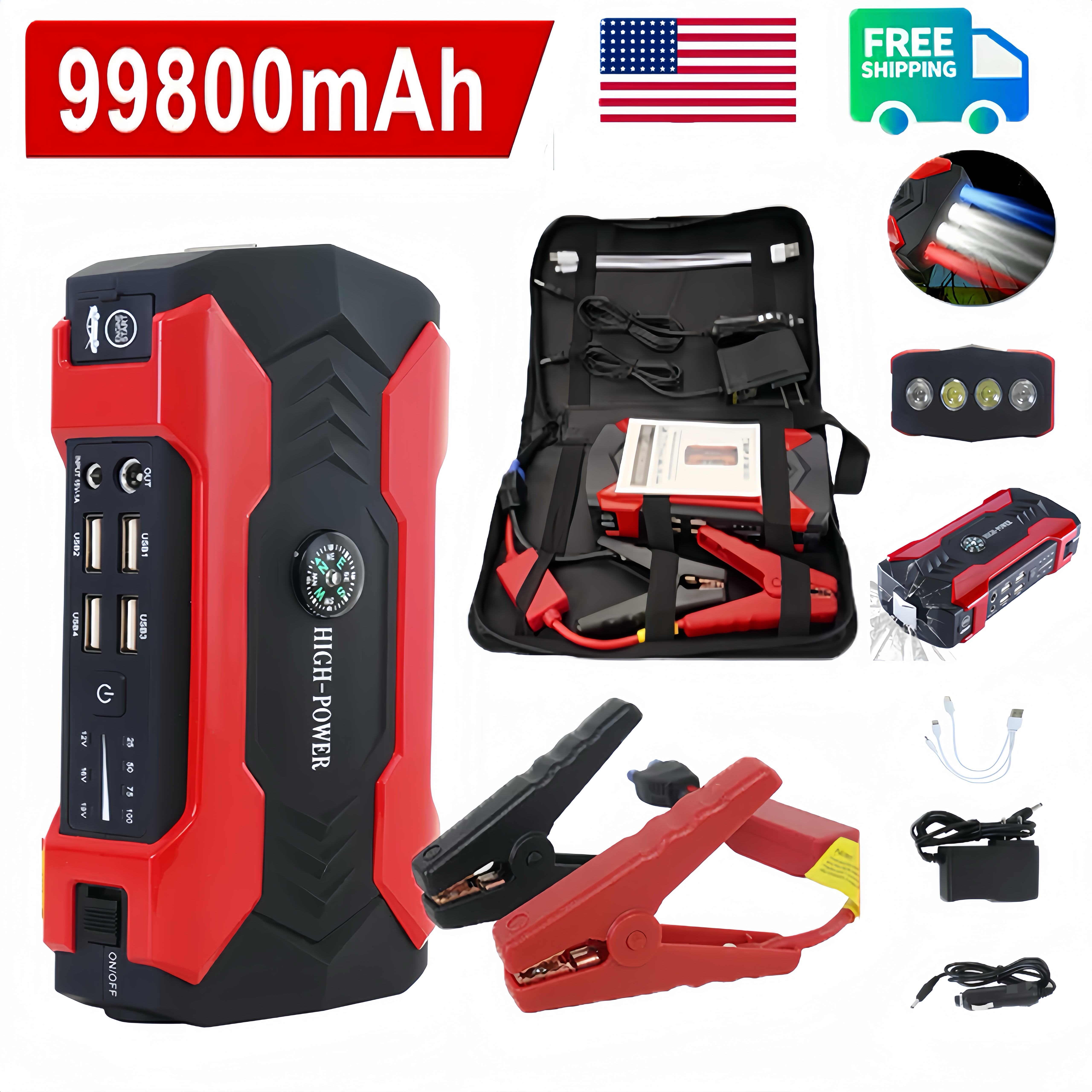 99800mah Car Jump Starter, Peak Car Battery Charger, 12V Jump Box ...