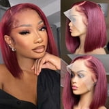 99J Burgundy 200% Density Short Bob Wigs Human Hair 13x4 HD Transparent ...