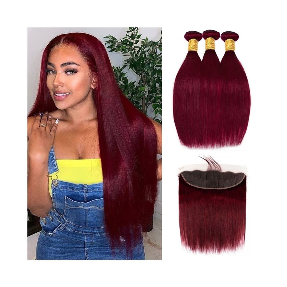 99J Burgundy Straight Bundles with Frontal Human Hair Extensions Wine ...