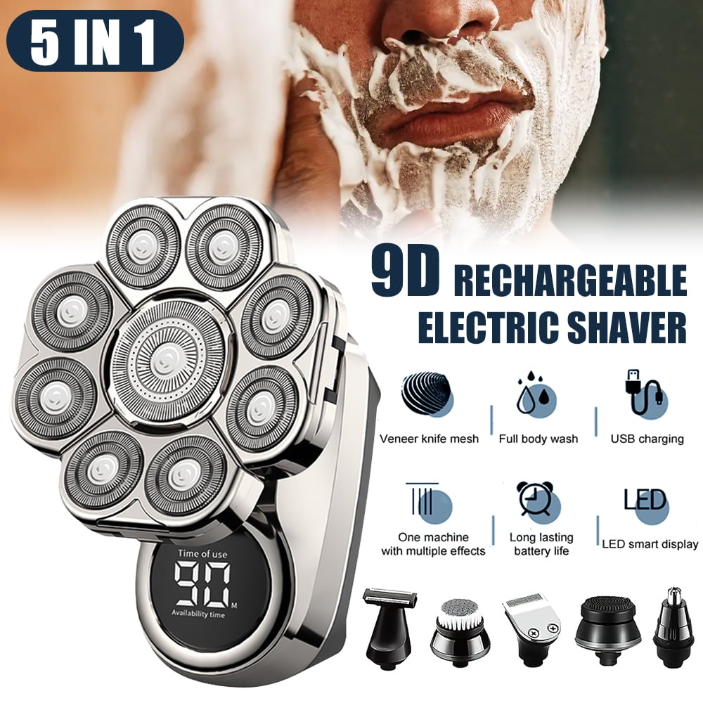 9D 6in1 Rotary Shaver Cordless Hair Trimmer Bald Head Razor Electric ...