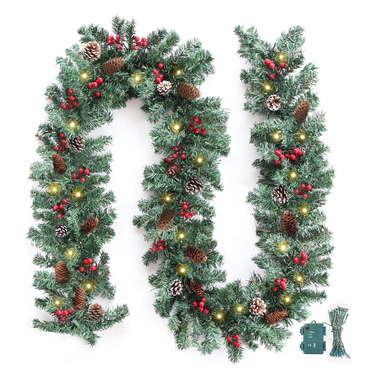 9FT Christmas Garland with Lights Pre-Lit Artificial Christmas Green ...