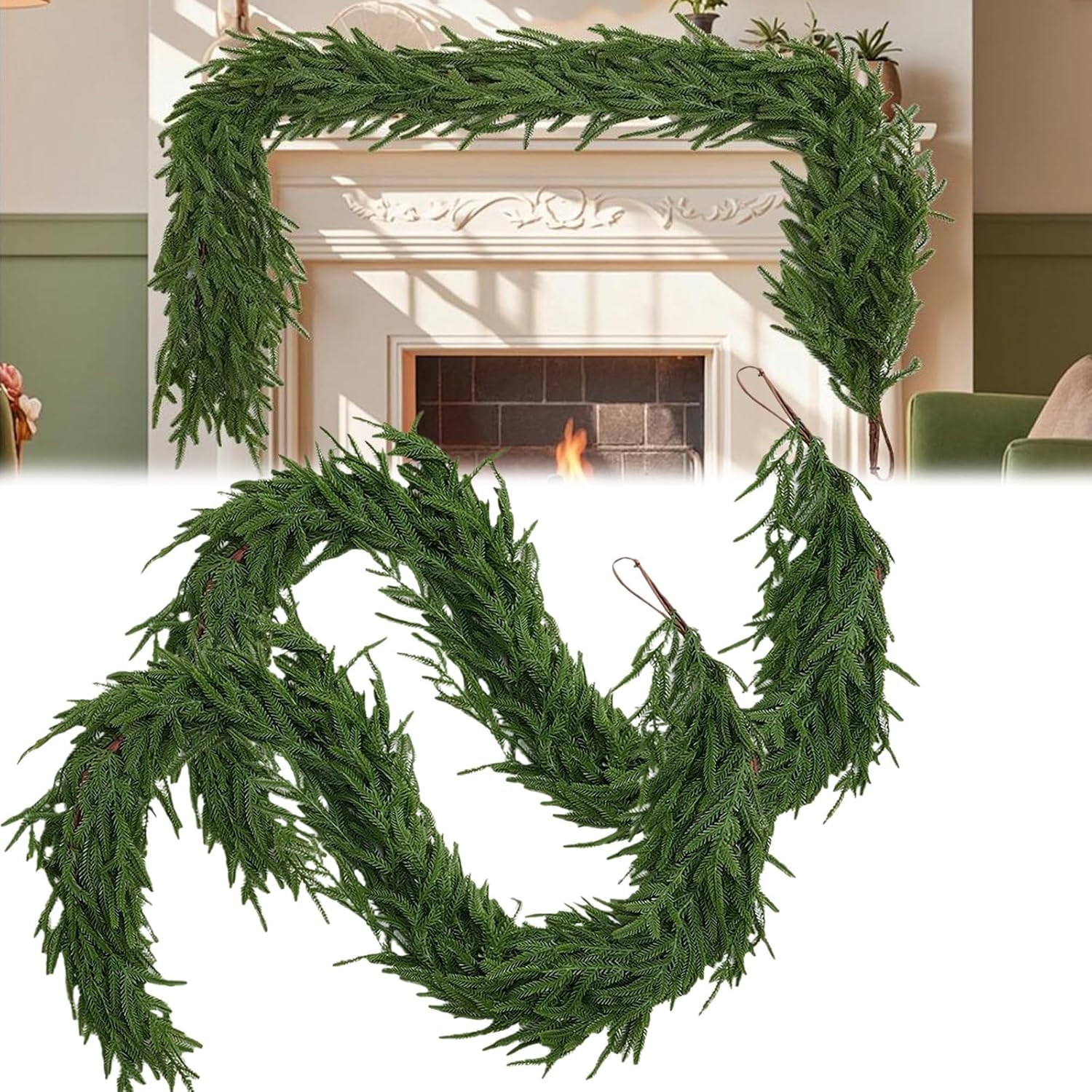 9FT Christmas Garlands Norfolk Pine Garland,Real Touch Winter Pine Garland, Green Artificial ...