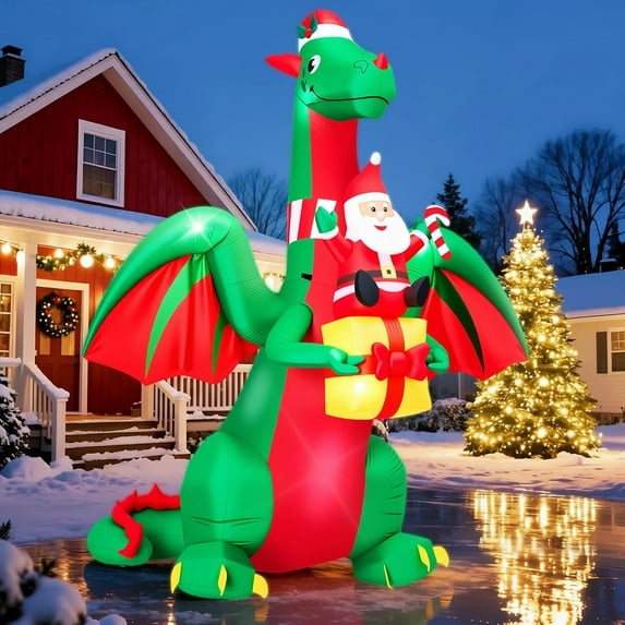 9FT Christmas Inflatables Giant Dragon Santa Outdoor Decorations, Blow ...