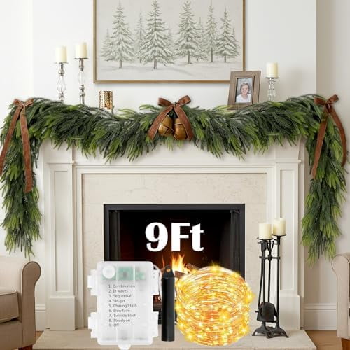 9FT Christmas Norfolk Pine Garland with Lights Real Touch Pine Garlands ...