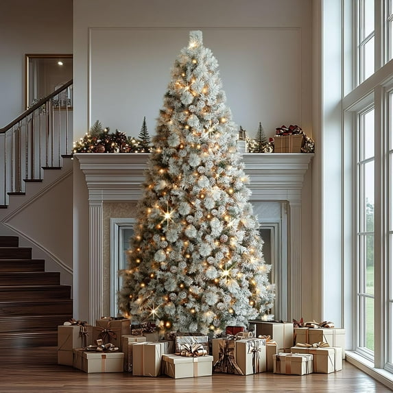 9FT Flocked Christmas Tree, Premium Hinged Pre-lit Artificial Tree With ...