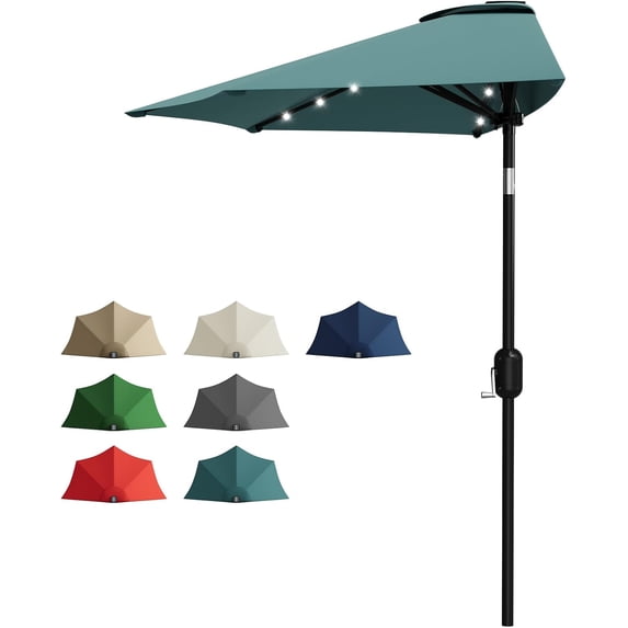 9FT Half Umbrella with Solar LED Lights and Crank - Space-Saving Vented ...