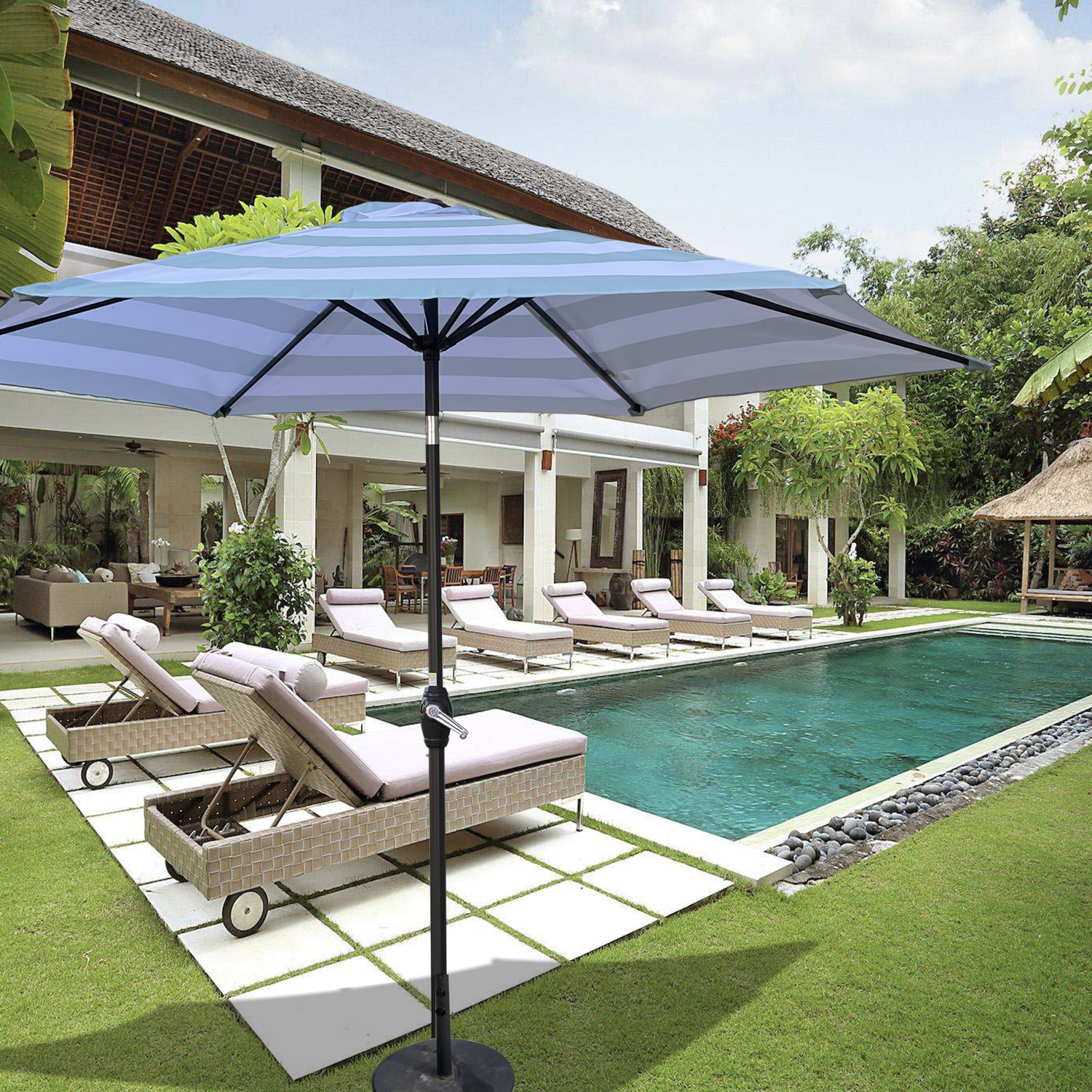 9FT Ice Blue Stripe Patio Umbrella - Crank Fade-Resistant Fabric - Sun ...