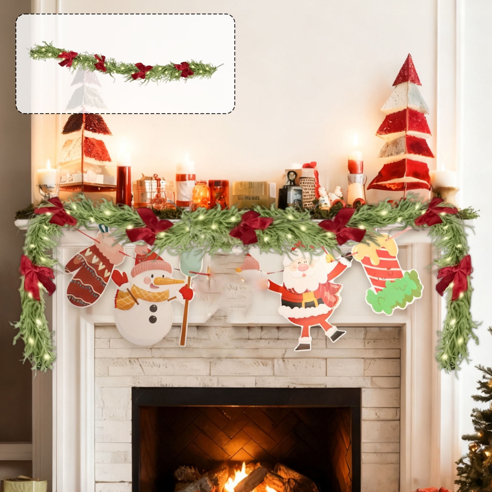 9FT LED Christmas Garland - Battery Operated Rattan Lights with Red ...