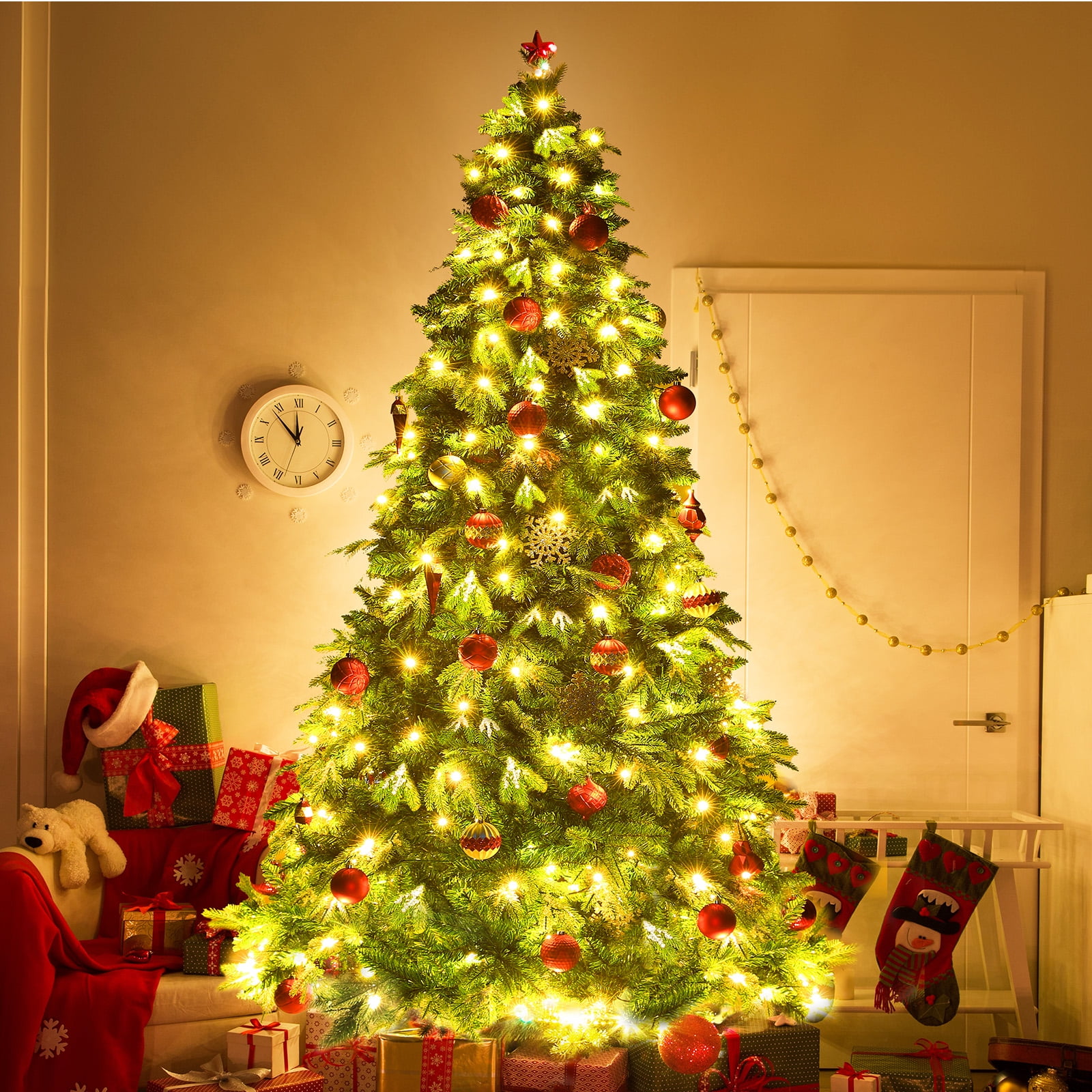 LAZY BUDDY 9FT Pre-Lit Snow-Flocked Hinged Artificial Christmas Tree w ...