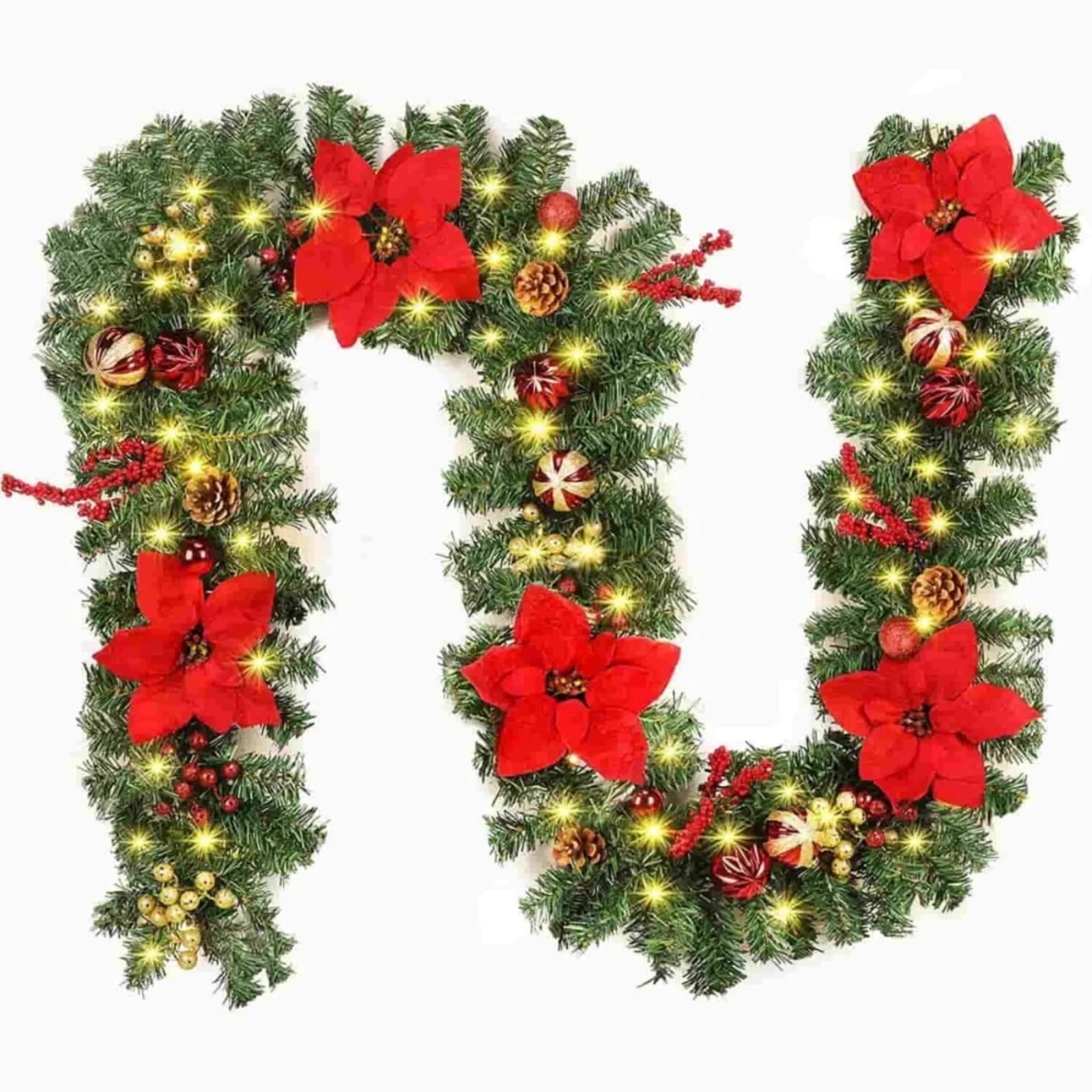 Aship 9FT Poinsettia Christmas Garlands with Lights, Pre-lit 50LED ...