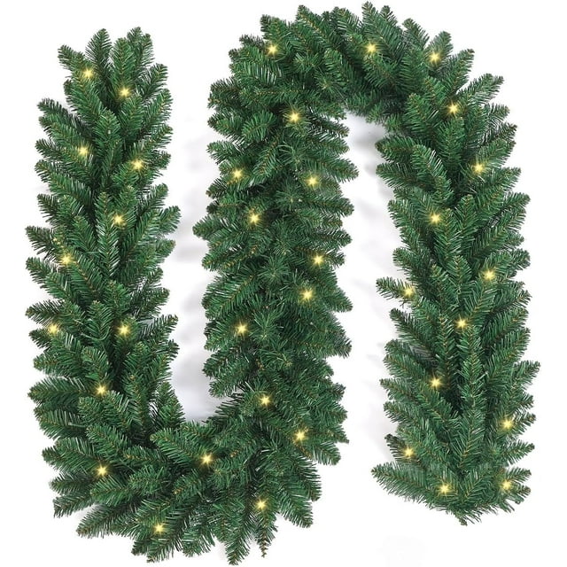 9FT Pre-Lit Artificial Christmas Garland, Battery Operated Garland with 50 LED Lights and Timer ...