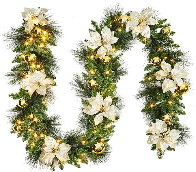 9FT Pre-Lit Artificial Christmas Wreath with 50 Warm White LED Lights ...
