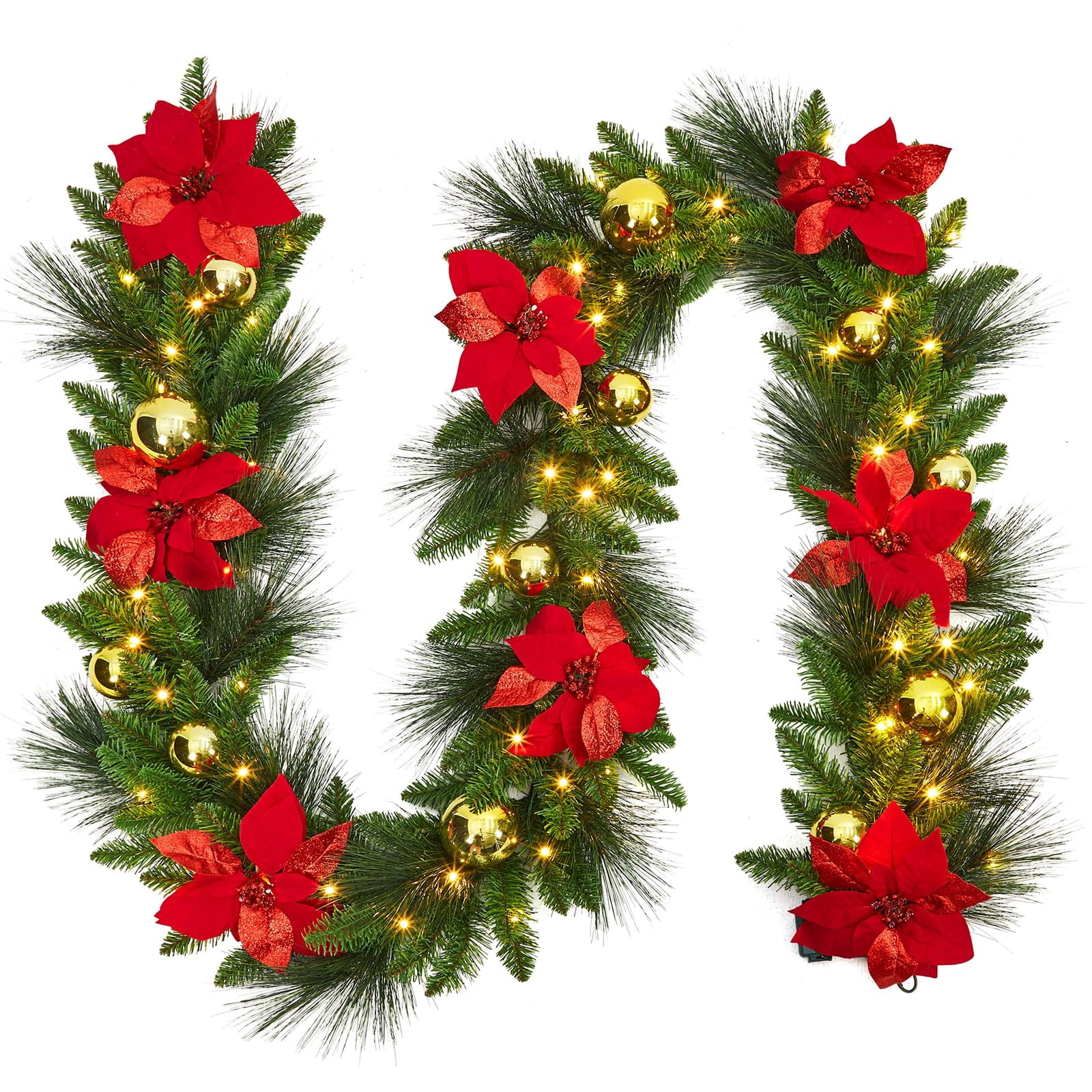 9FT Pre-Lit Artificial Christmas Wreath with 70 Warm White LED Lights ...