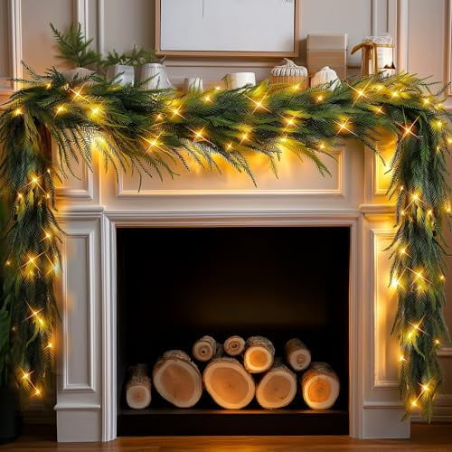 9FT Pre-Lit Christmas Garland with Lights, 50 LED Lighted Artificial ...
