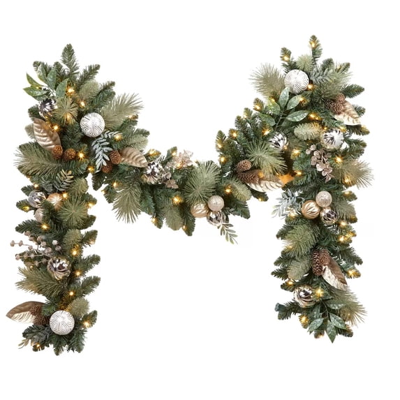 9FT Pre-Lit Decorated Garland 90 Warm White LED Lights Silver/Gold ...