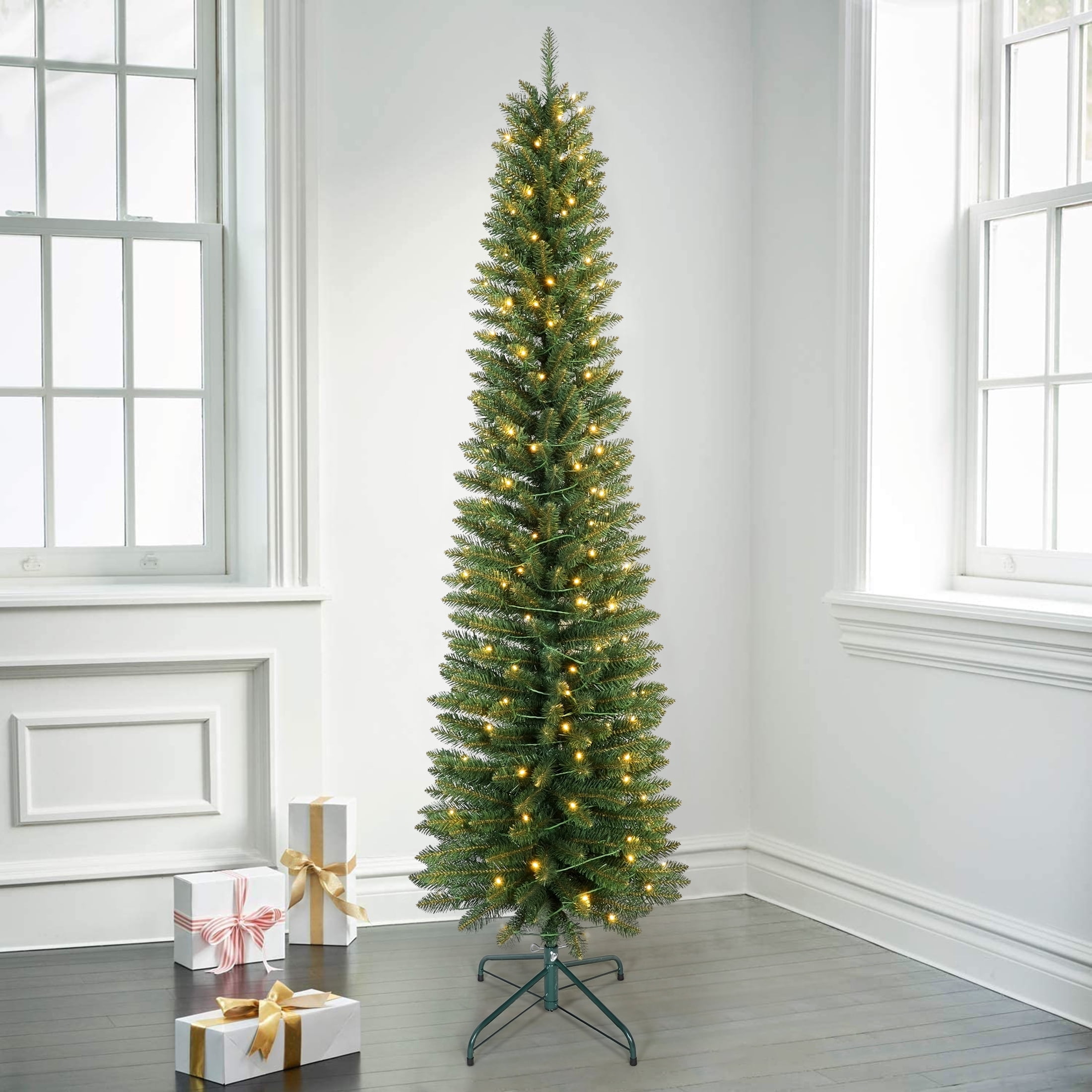 9FT Pre-Lit Pencil Christmas Tree, Bringstar Artificial Green Xmas ...