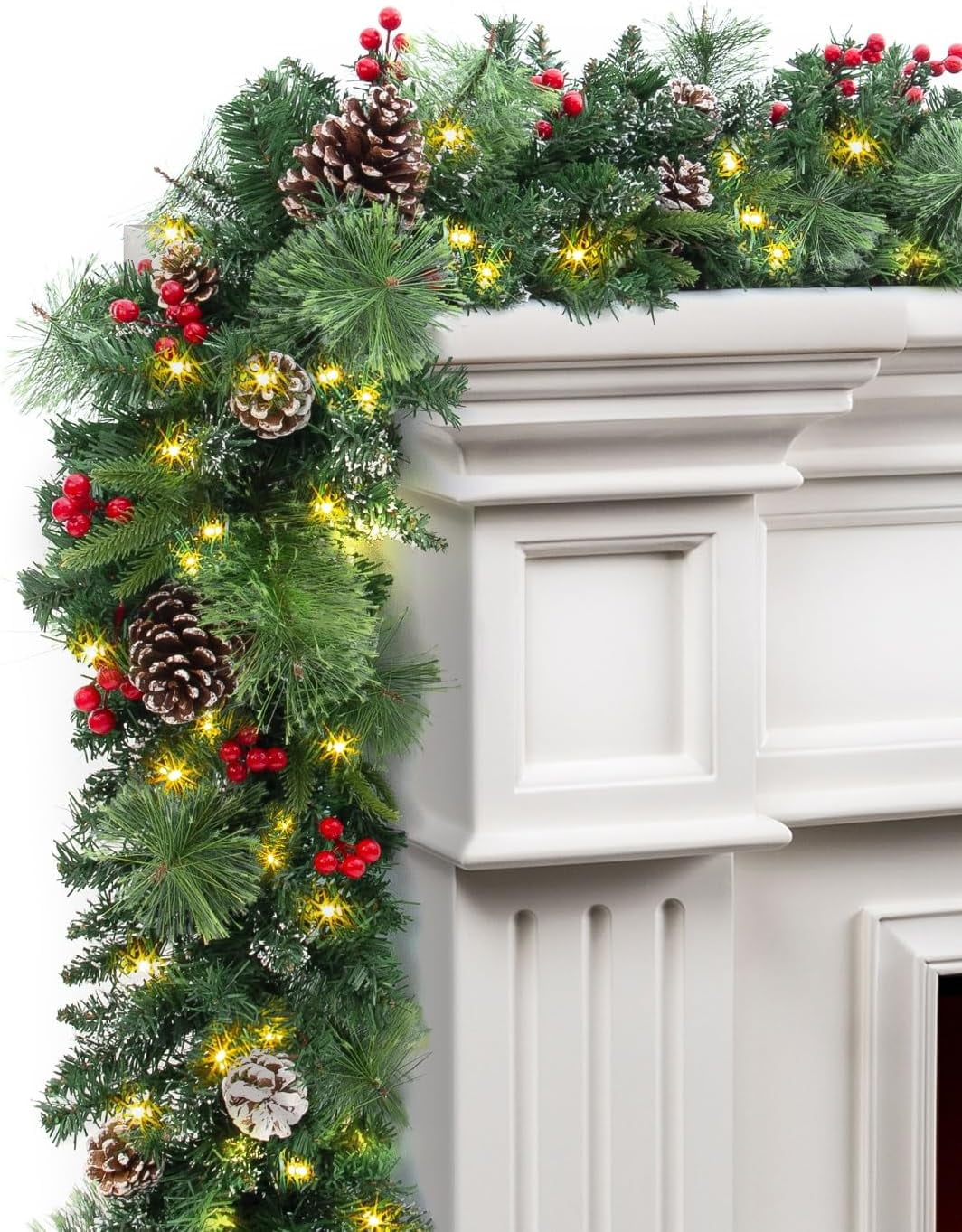 9FT Prelit Christmas Garland with 100 LED Timer Lights, Snow Dusted ...