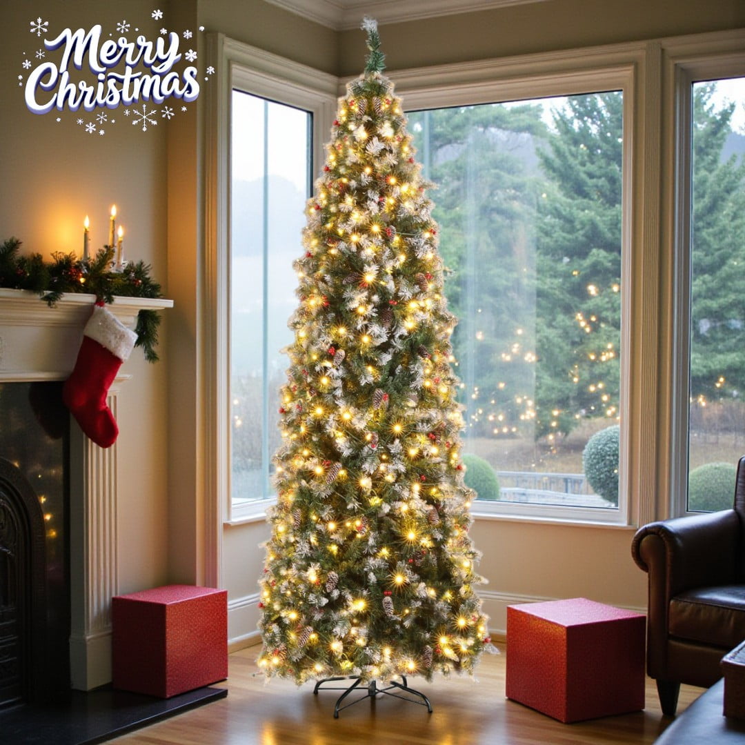 9FT Prelit Christmas Tree with 460 LED Lights and Remote, Green Snow ...