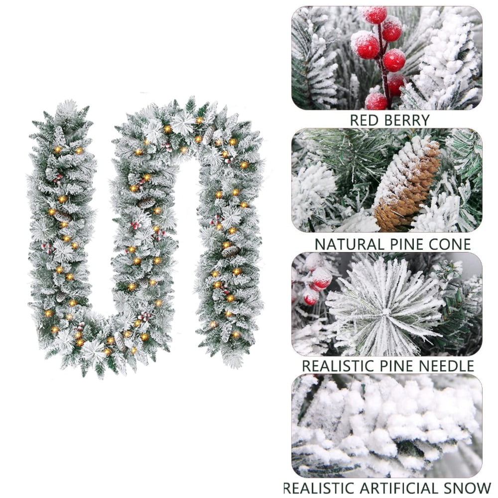 9FT Snow Flocked Christmas Garland with Lights, Artificial Pine Needles ...