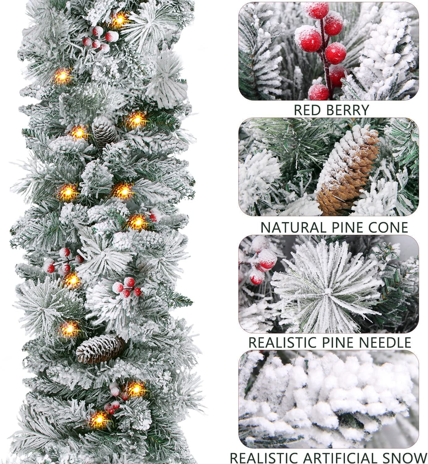 9FT Snow Flocked Christmas Garland with Lights, Prelit Pine Cedar, Red ...