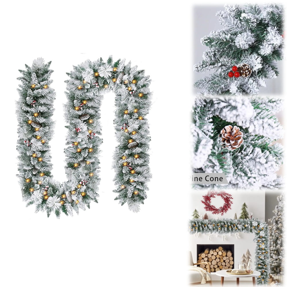 9FT Snow Flocked Christmas Garland with Lights, Prelit Pine Garland ...