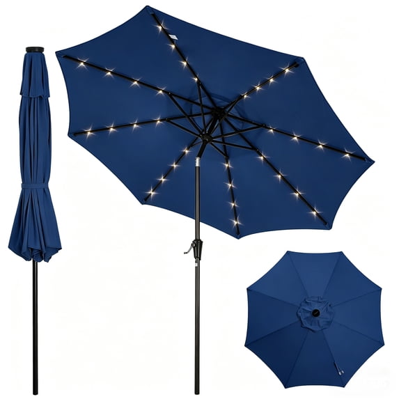9FT Solar LED Patio Umbrella with 32 Lights, Outdoor Market Sun Shade ...