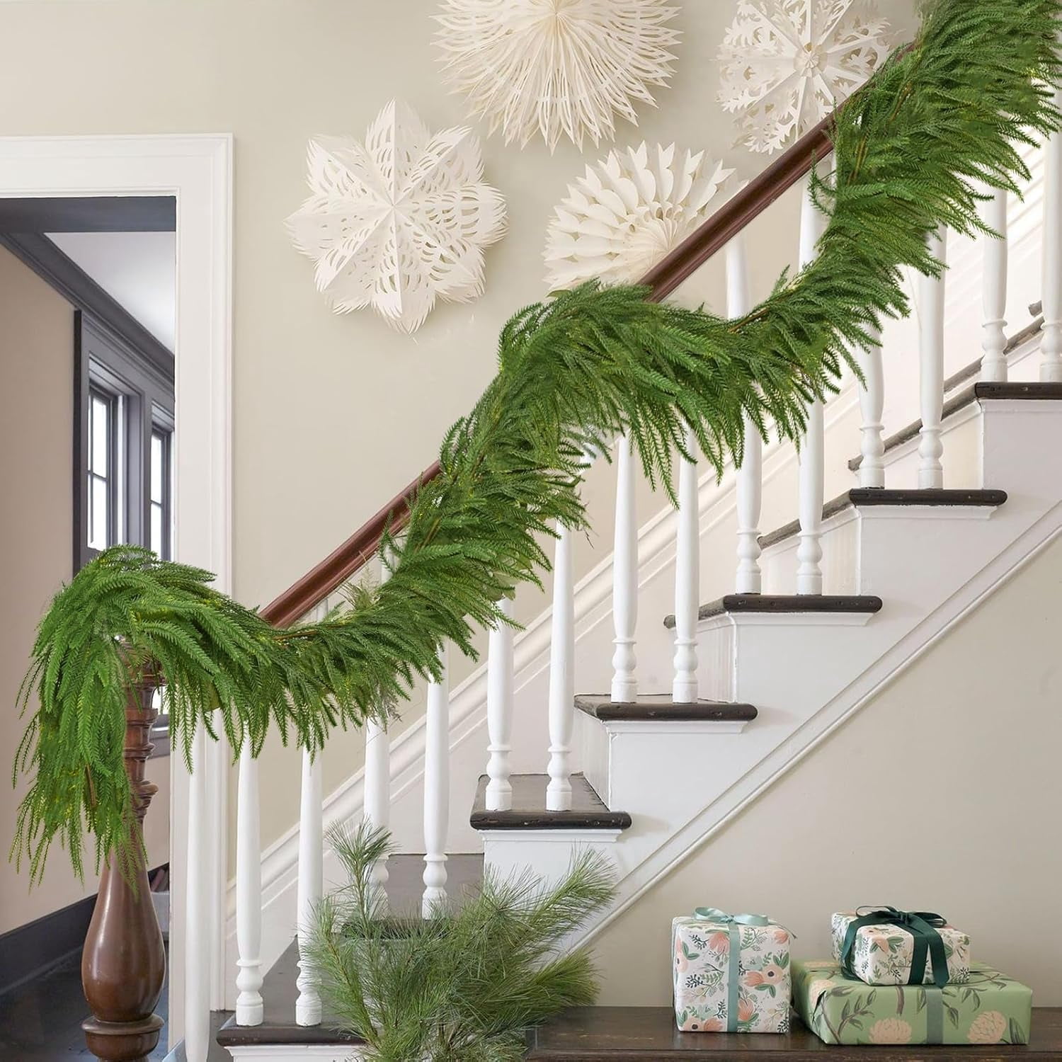 9FT Thick Christmas Garland with 240 Cedar Branches, Real Touch Green ...
