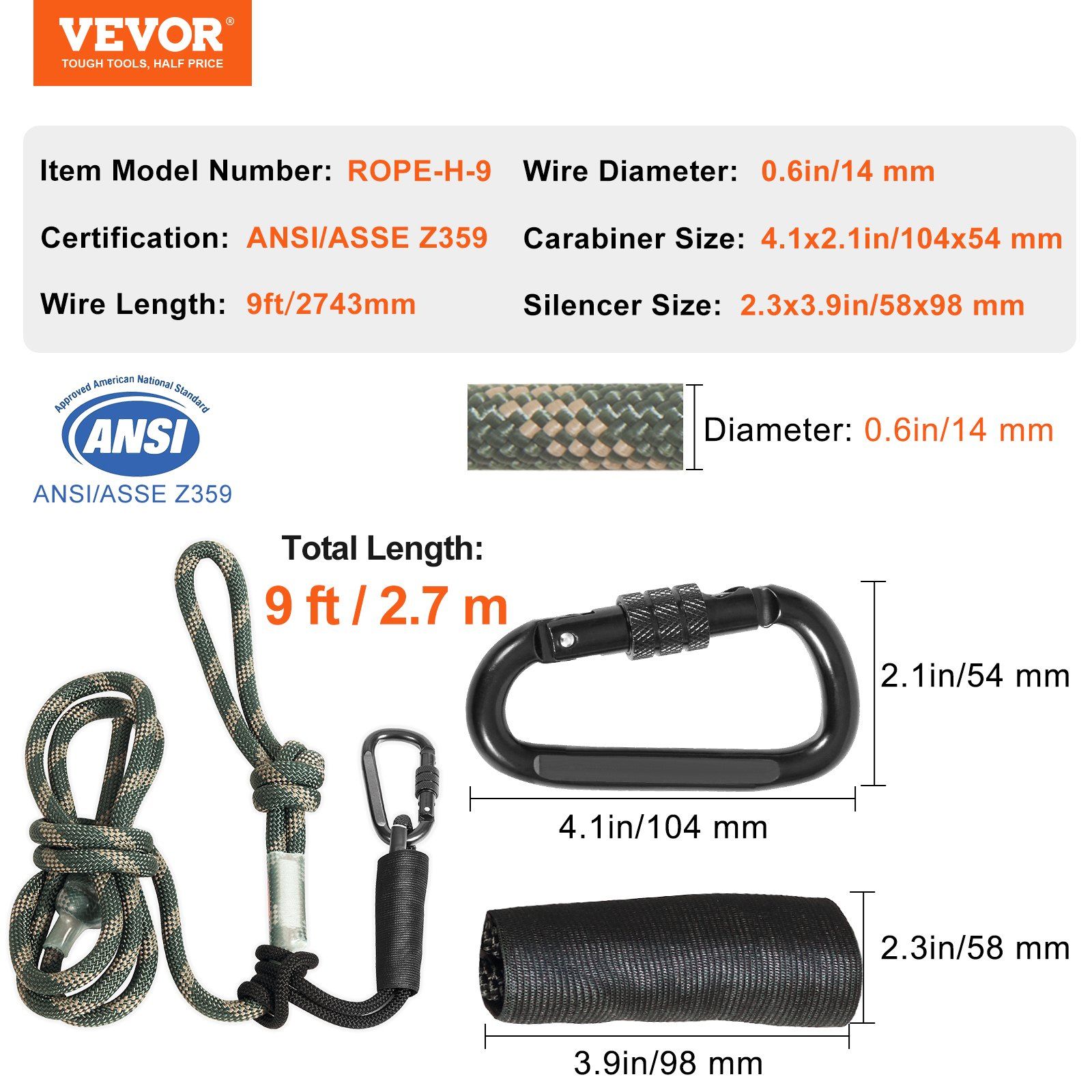 9FT Tree Stand Safety Rope, 30KN Strength Hunting Lifeline with Prusik ...
