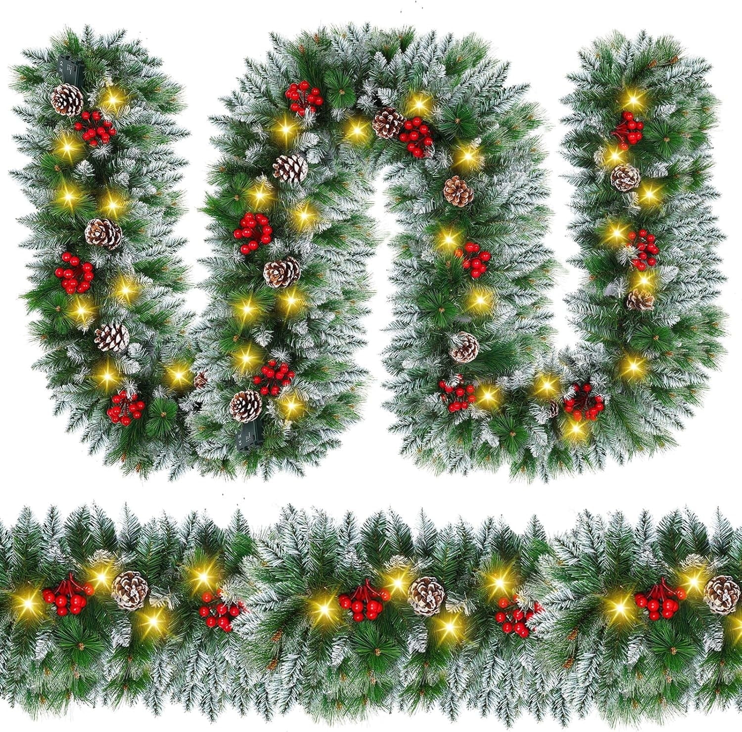 Christmas Garland with Lights - 9FT Pre-Lit Flocked Garland with 30 LED ...